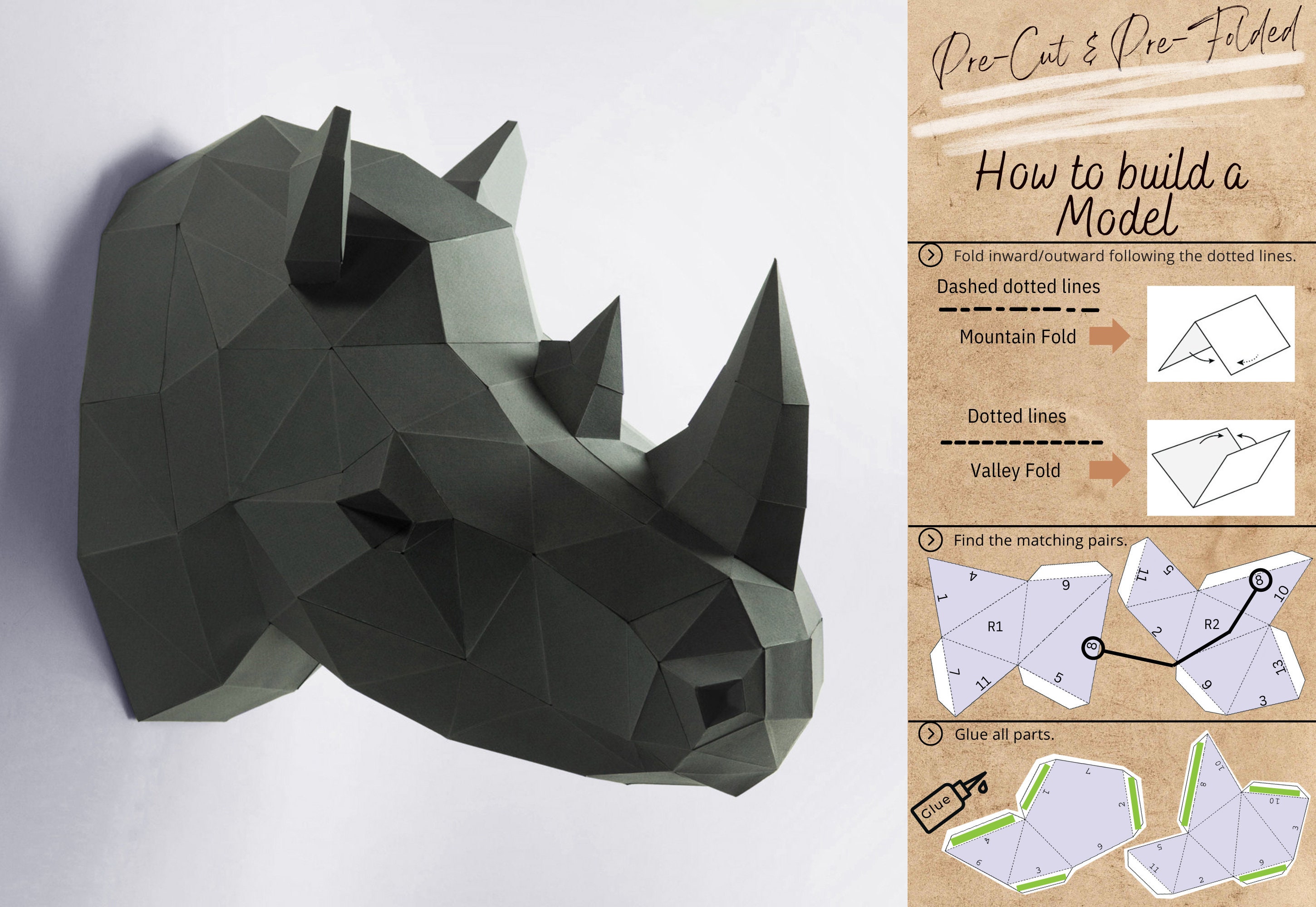 Rhino Head 3D Papercraft Kit - Rhinoceros DIY Room Decor for Boys ...