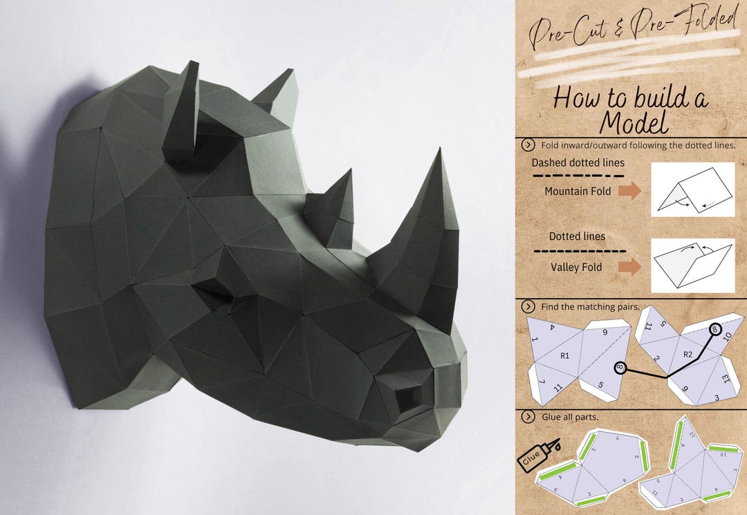 Rhino Head 3D Papercraft Kit - Animal Wall Art Decor, Rhinoceros Low ...