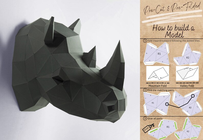Rhino Head 3D Papercraft Kit Rhinoceros DIY Room Decor for - Etsy