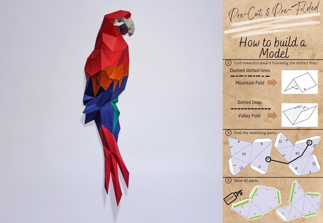 Macaw 3D Papercraft Kit Animal Wall Art Decor, Bird Low Poly Paper ...