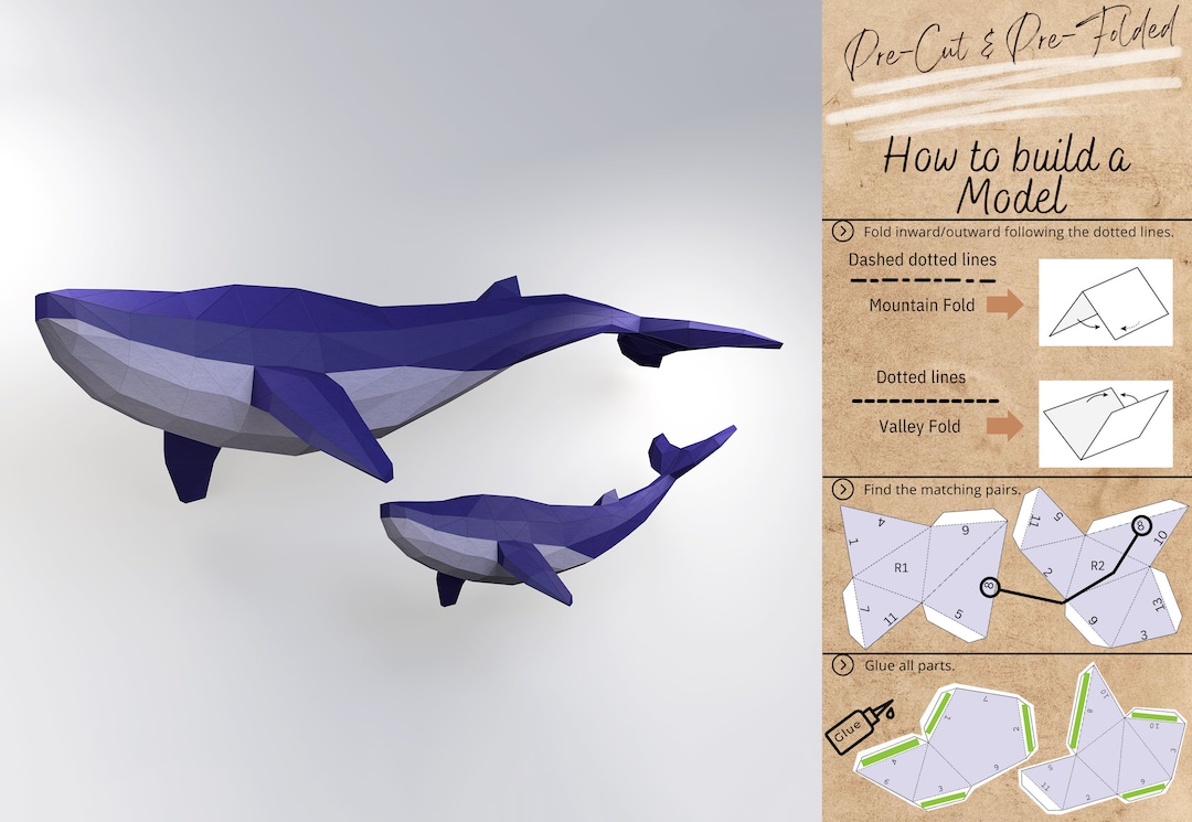Whale 3D Papercraft Kit - Animal Trophy Statue, Whale Figure Low Poly ...