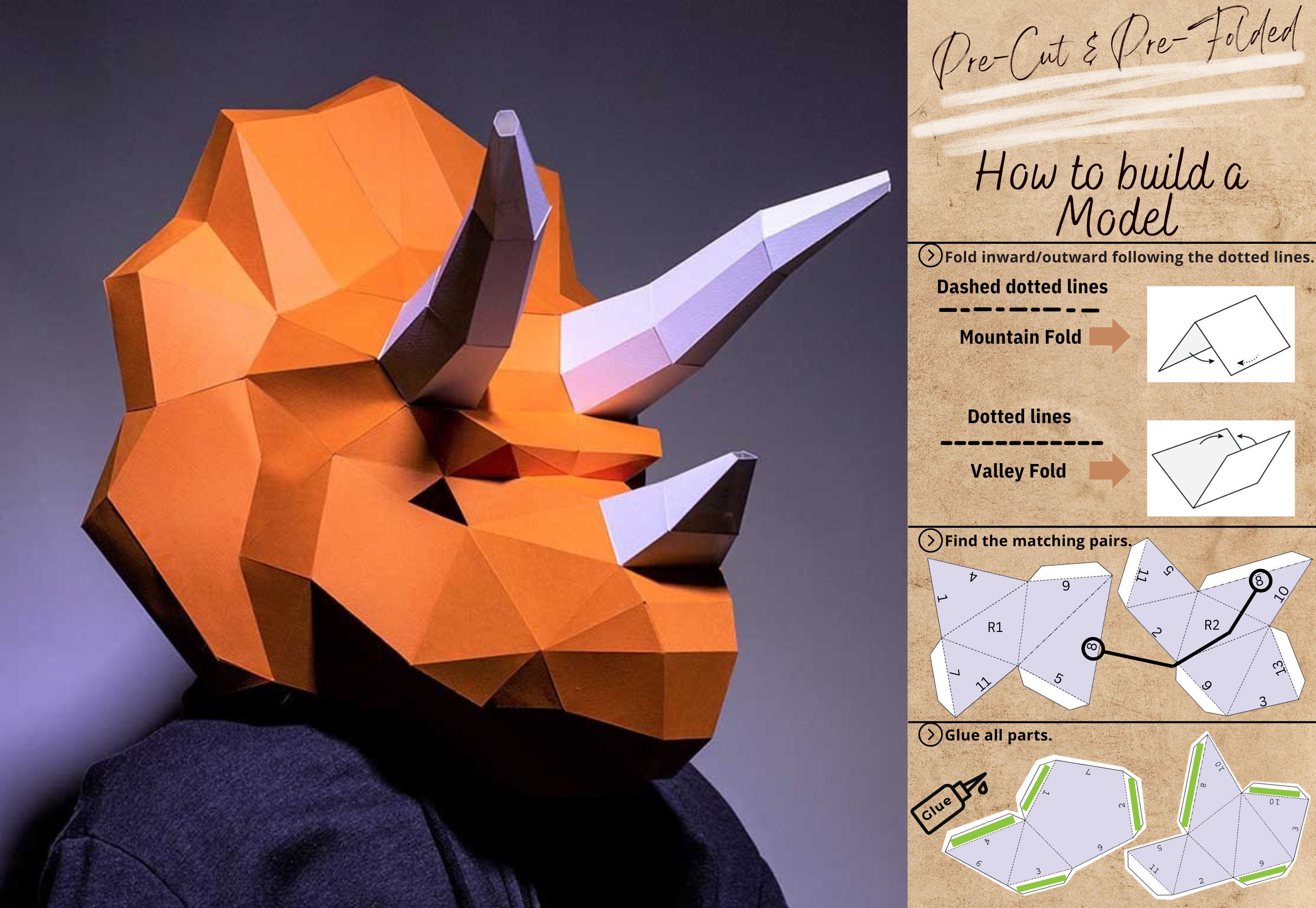Triceratops Mask DIY Paper Head Mask Kit, Pre-cut & Pre-folded - Etsy