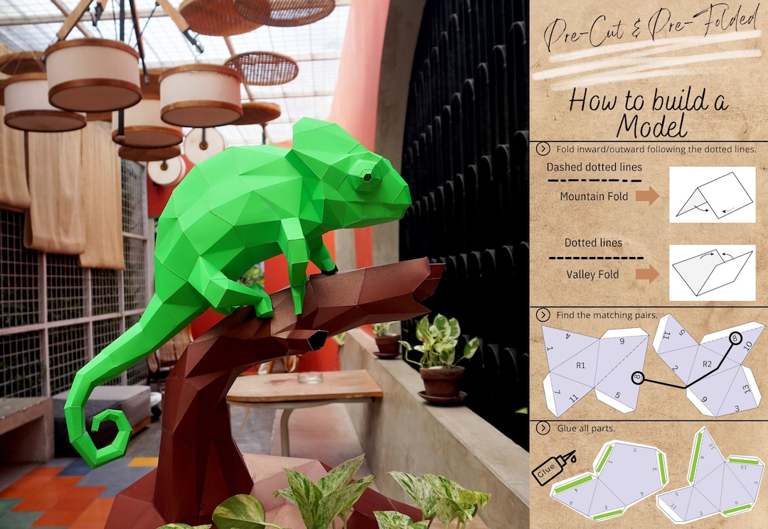 Chameleon 3D Papercraft Kit Animal Trophy Statue, Green Lizard Figure ...