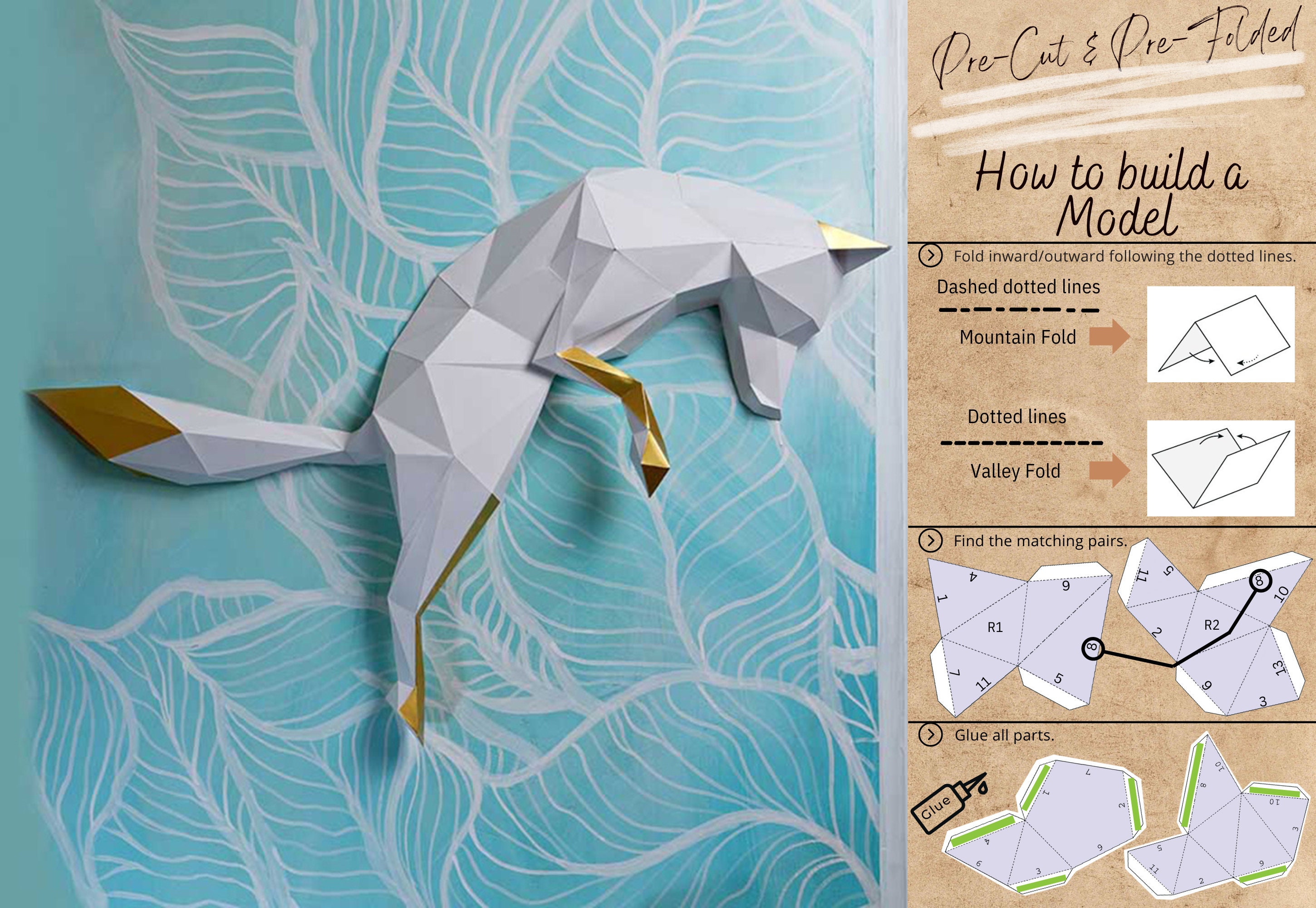 Fox Pounce 3D Papercraft Kit Animal Wall Art Decor, Low Poly Paper ...