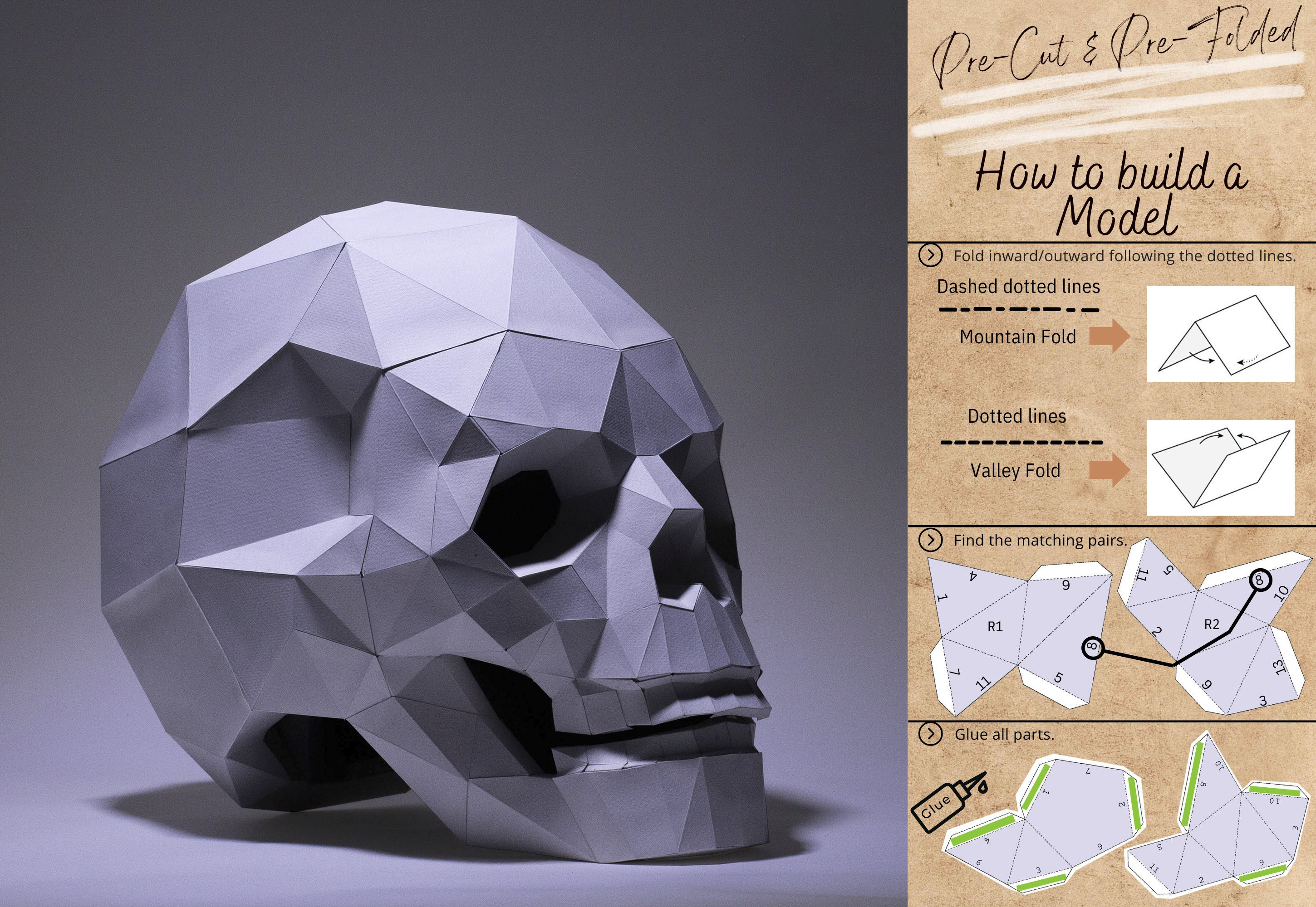 Skull Model 3D Papercraft Kit Unique Trophy Statue, Skull Figure Low ...
