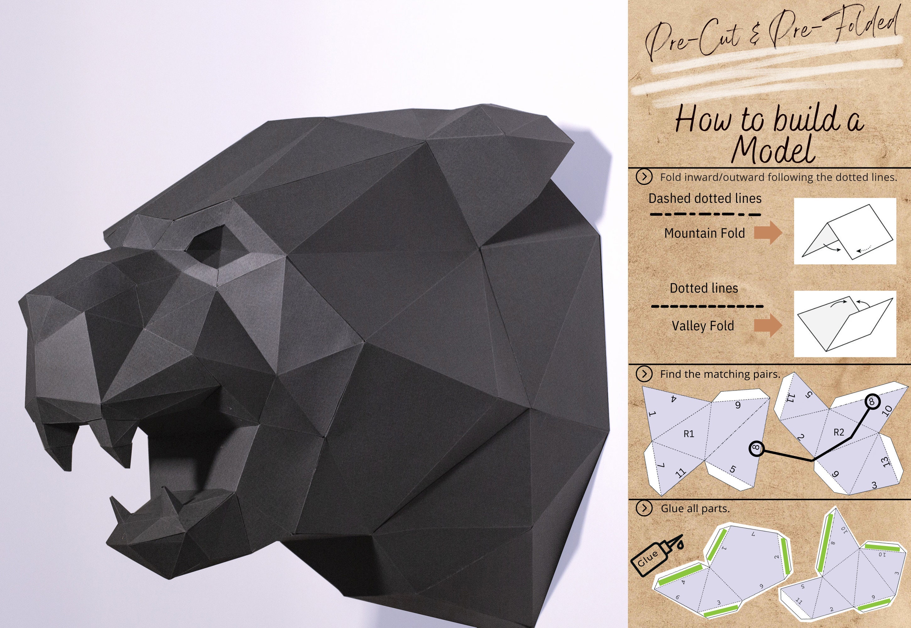 Panther Head 3D Papercraft Kit Animal Wall Art Decor, Low Poly Paper ...