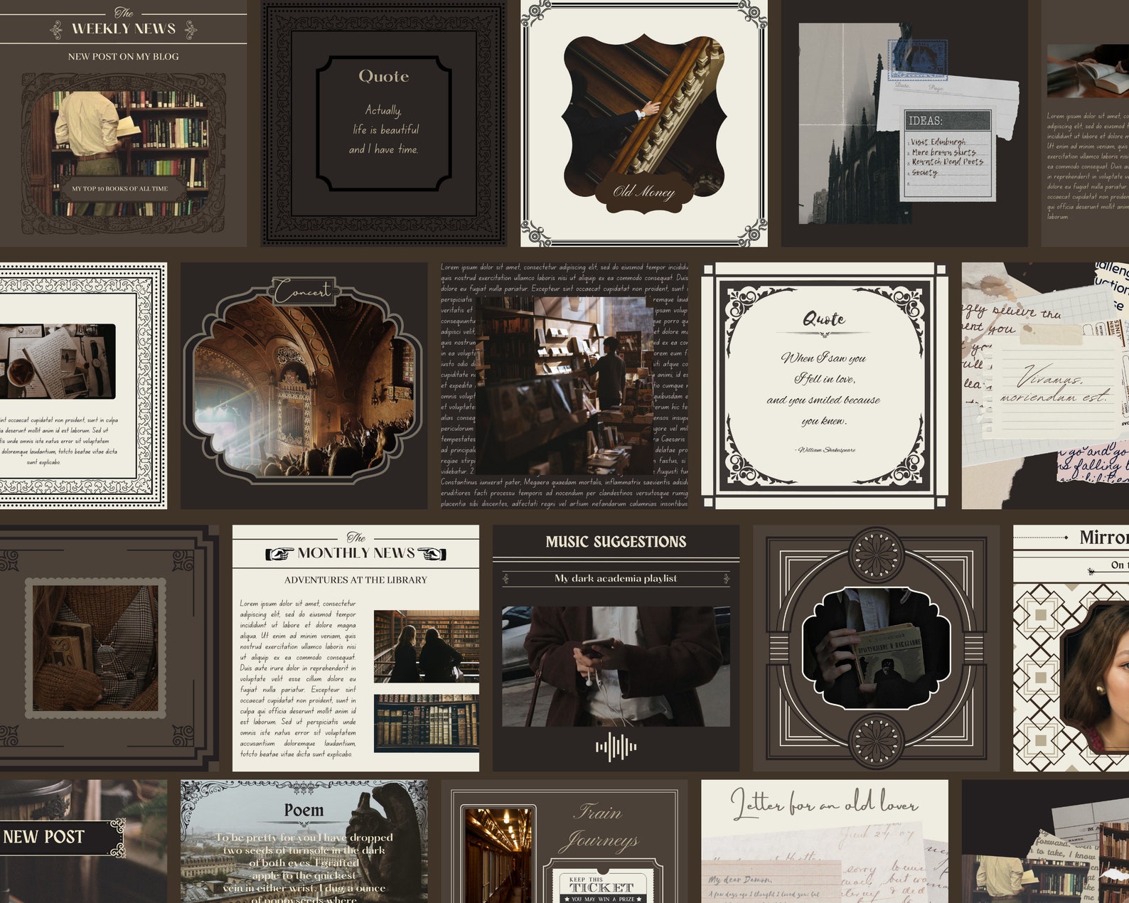 Dark Academia Instagram Post Templates for Canva Old Classic | Etsy
