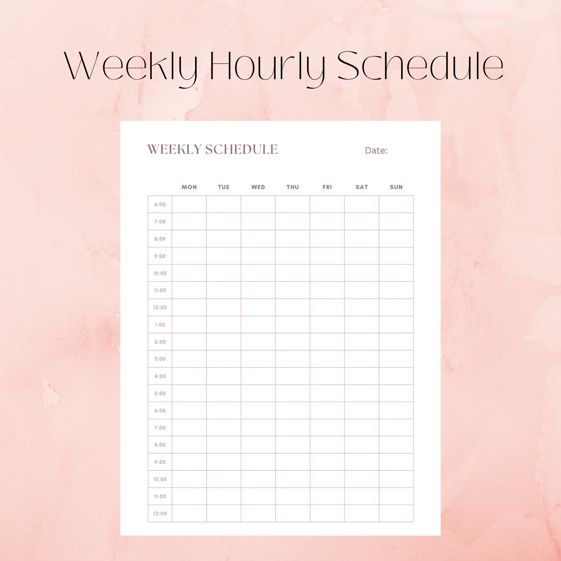 Hourly Weekly Printable | Digital Download | Instant Download ...