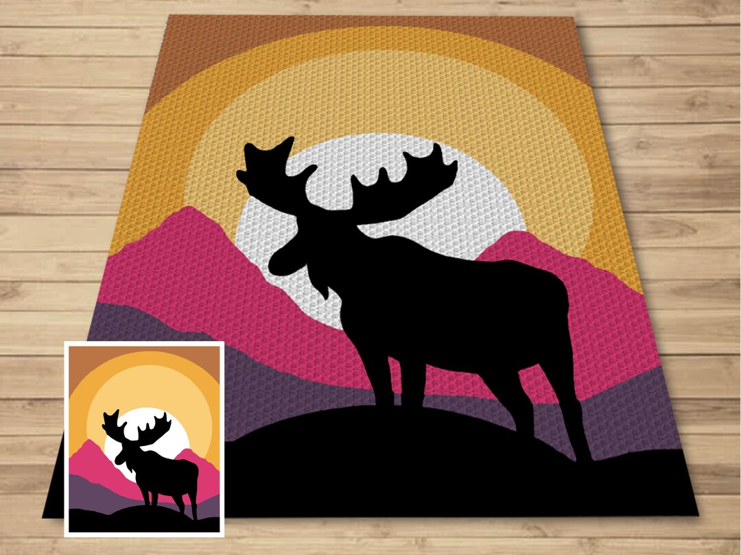 Moose Silhouette in Sunset Graph & Pattern C2C Tapestry Crochet Moose ...