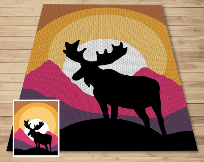 Moose in the Sunset Pattern, Corner to Corner Blanket, Nature Theme ...