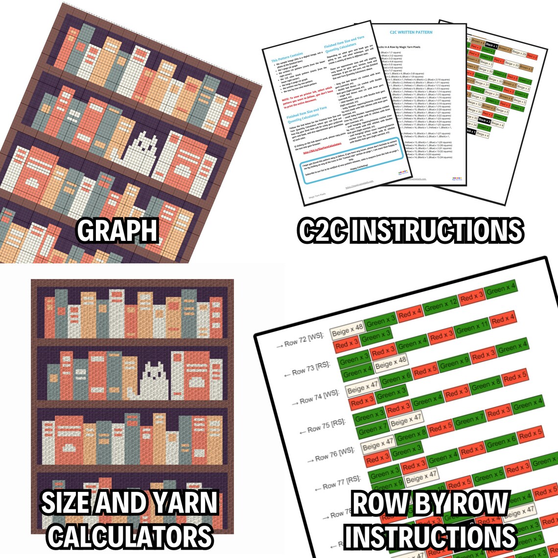 Bookshelf Print Graph + Written Pattern for C2C & Tapestry Crochet ...