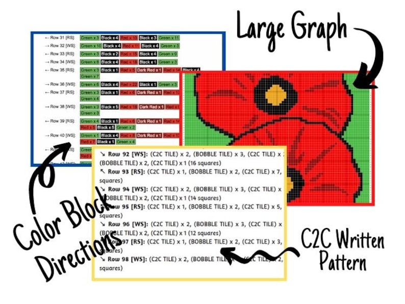 Red Poppies Graph + Written Pattern for C2C & Tapestry Crochet - Poppy ...