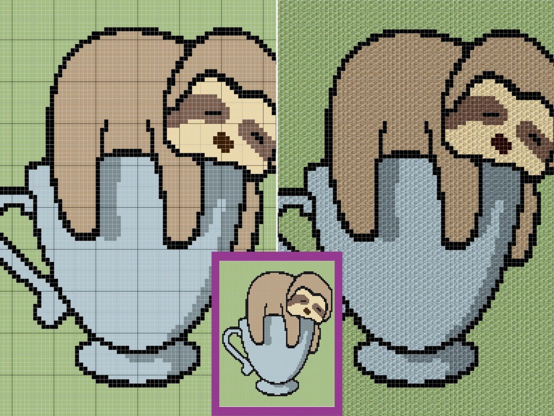 Sloth on Teacup Crochet Pattern - C2C Graphgan, Tapestry (digital ...