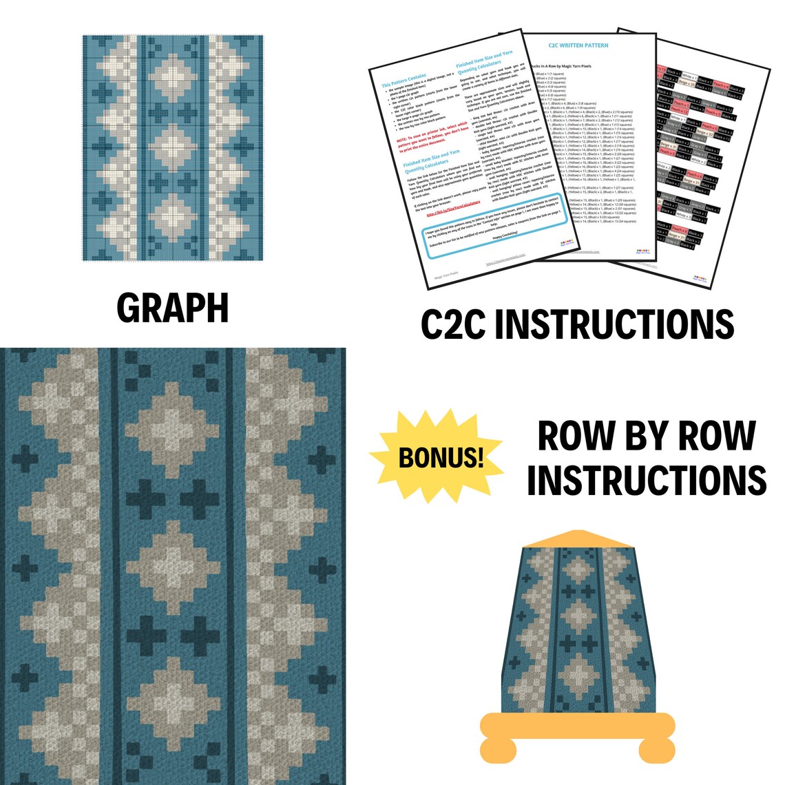 Folk Art Blanket Crochet Pattern | Geometric Afghan Graph (PDF Pattern ...