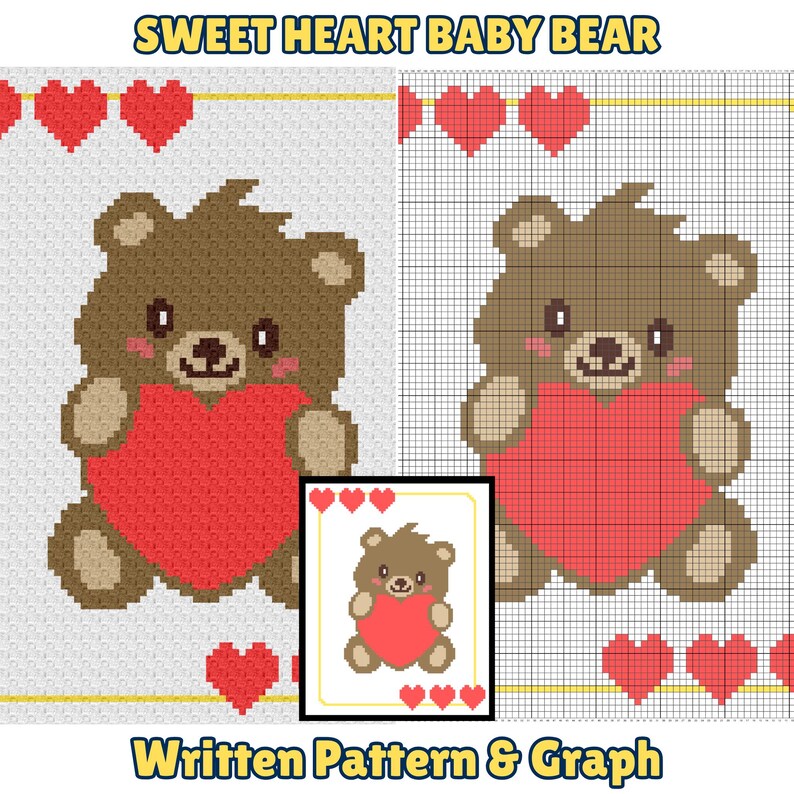 Sweetheart Baby Bear Graph & Pattern C2C + Tapestry Crochet | Woodland ...
