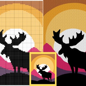 Moose Silhouette in Sunset Graph & Pattern C2C Tapestry Crochet Moose ...