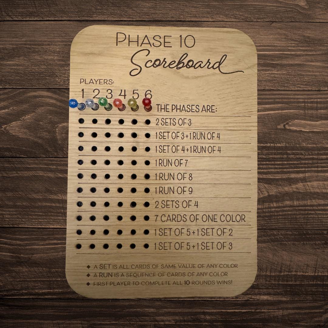 Handmade Phase 10 Scoreboard With Pegs | Wooden Phase 10 Game Tracker ...