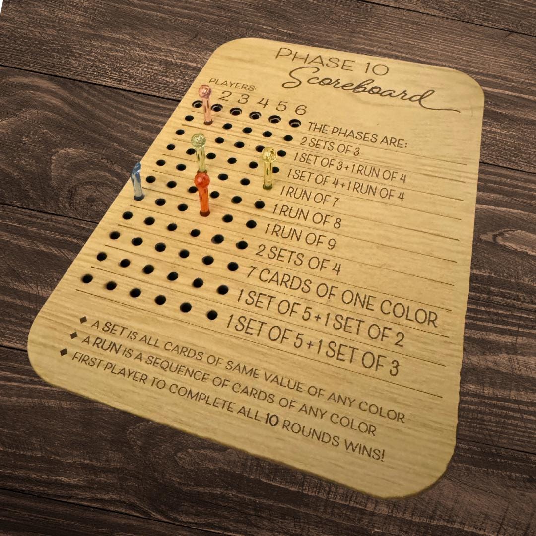 Handmade Phase 10 Scoreboard With Pegs | Wooden Phase 10 Game Tracker ...