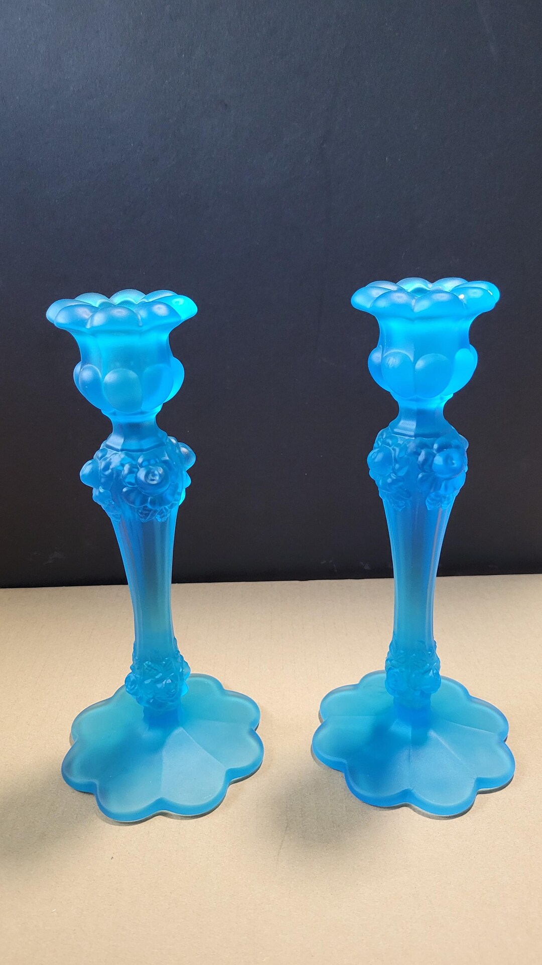 Fenton Blue Satin Cabbage Rose Candlesticks - Etsy