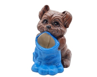Dog Vase Planter Happy Puppy Pottery Ceramic Brown Shiny Glaze Crazed 5 ...