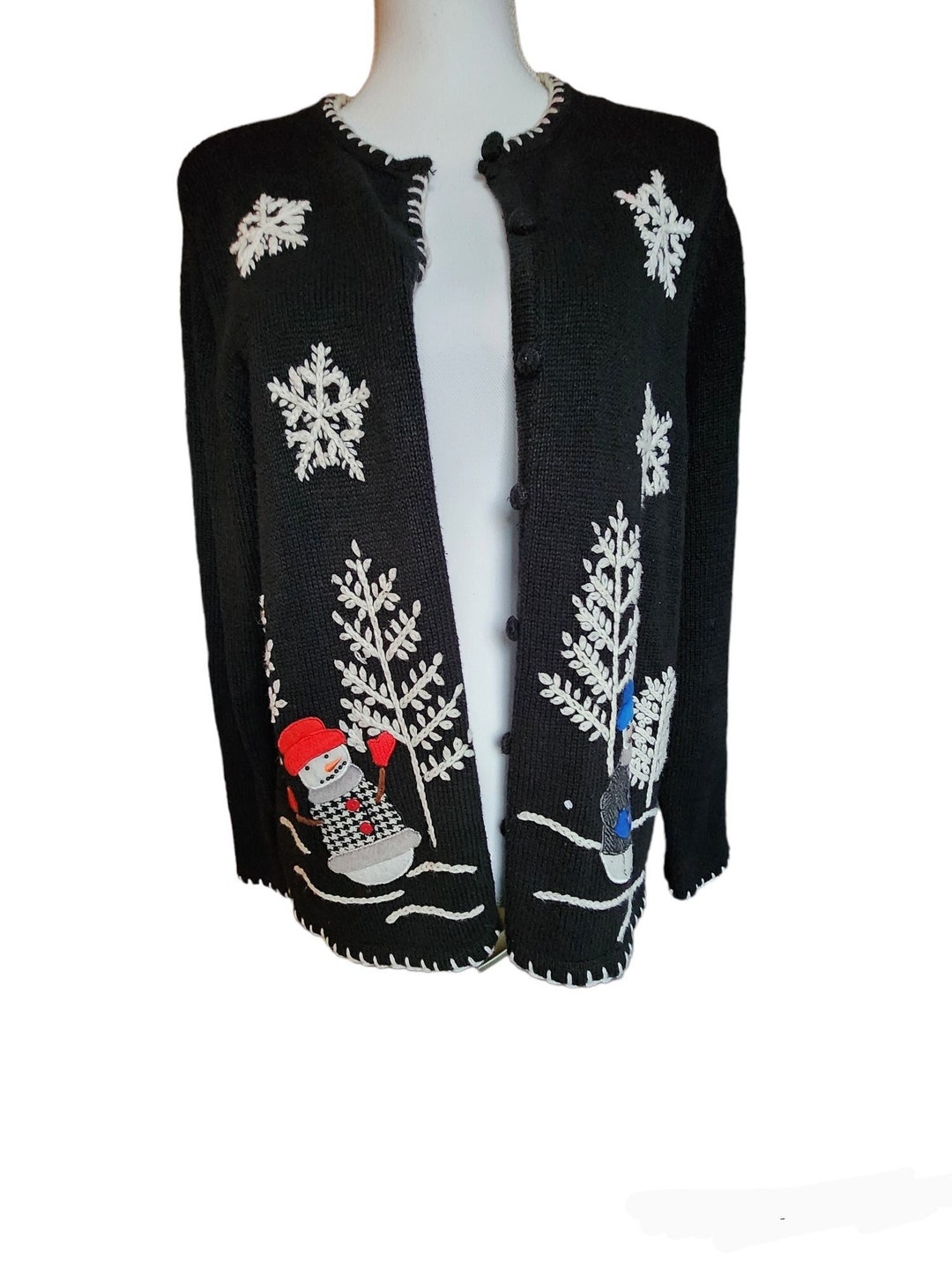 XL Studio Joy Vintage Snowflake Cardigan, Snowman Black Cardigan - Etsy