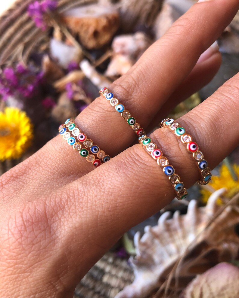 Evil Eye Adjustable Ring 18kt Gold Plate Mal De Ojo Rainbow - Etsy