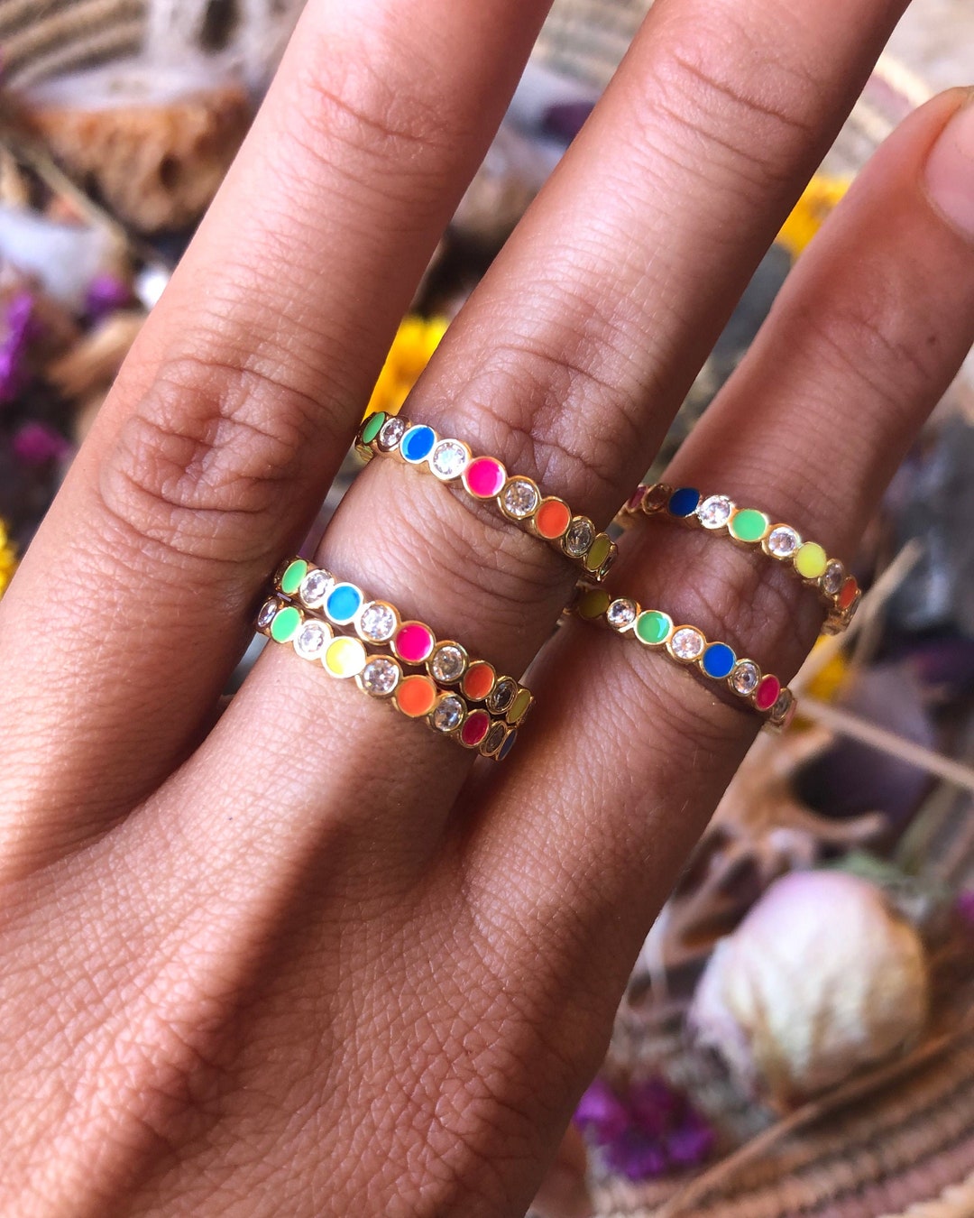 18kt Gold Neon Adjustable Ring, Multicolor Band, Rainbow Enamel ...