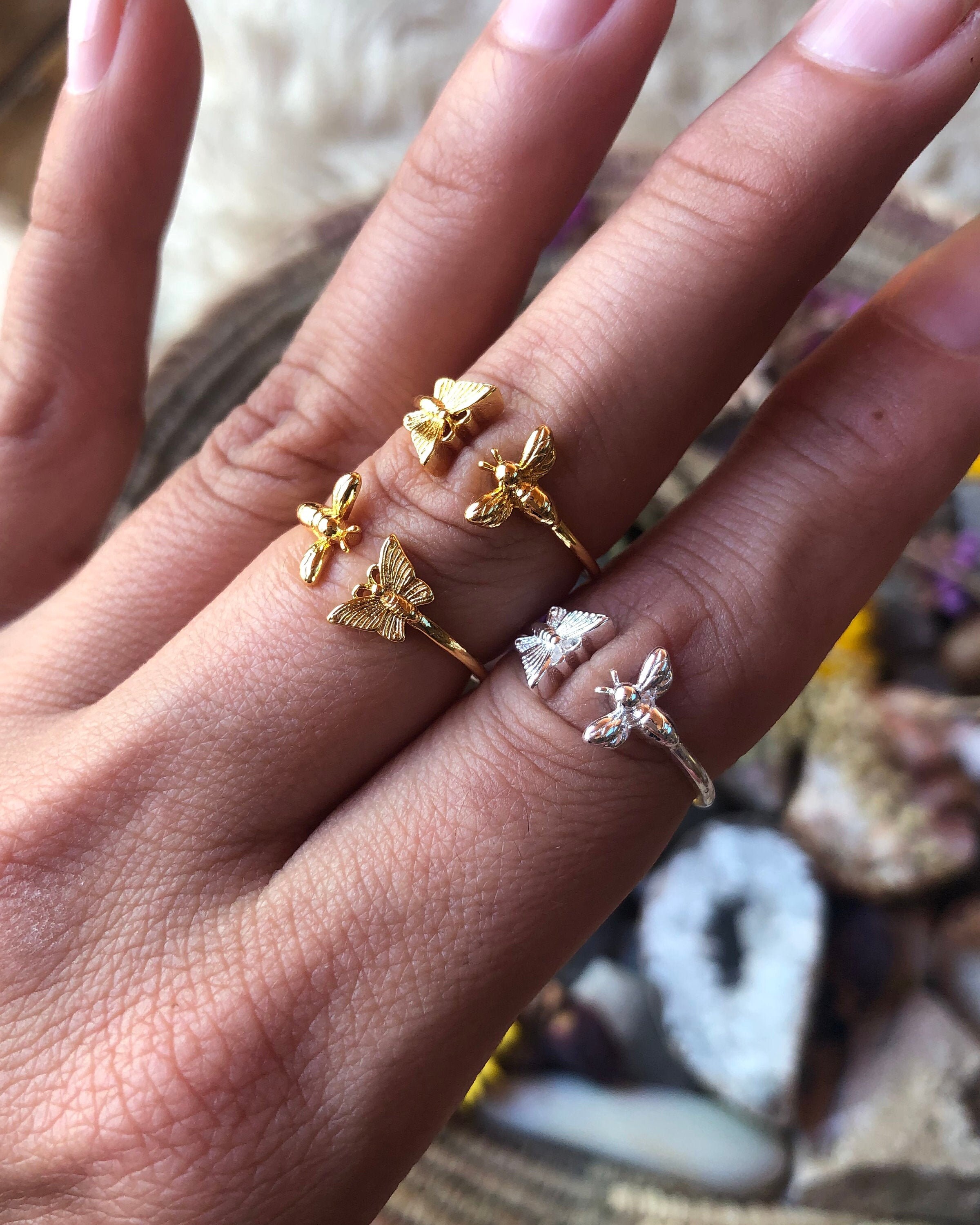 Bumble Bee and Butterfly Adjustable Ring 18kt Gold Cute | Etsy