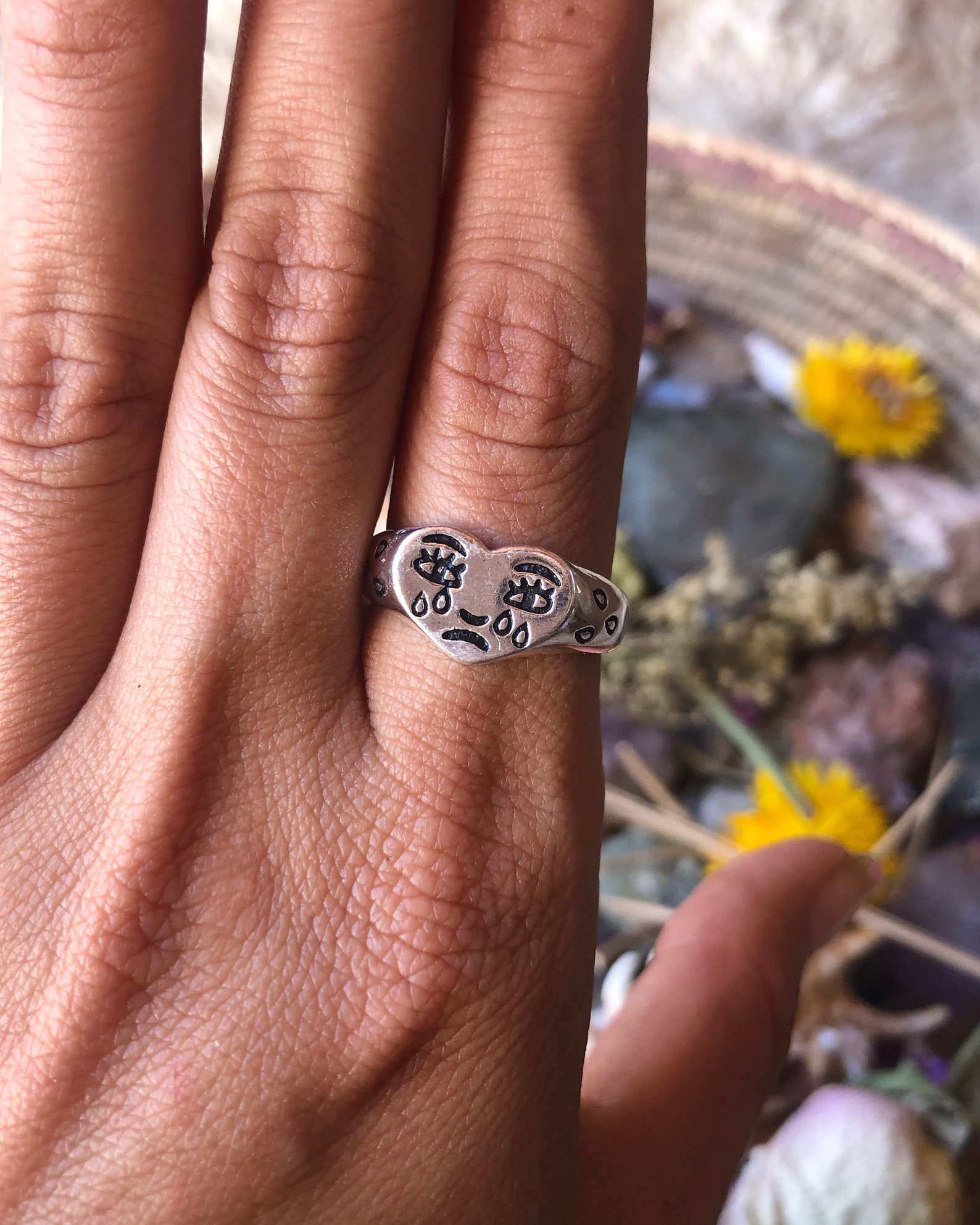 Sad Girl Adjustable Ring Crying Face Silver Signet Ring | Etsy