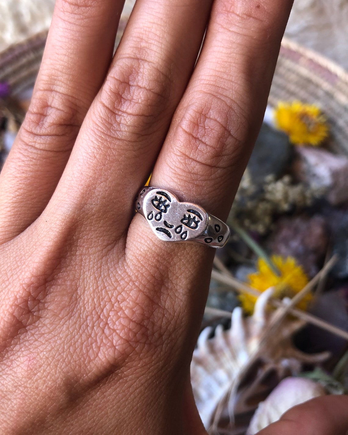 Sad Girl Adjustable Ring Crying Face Silver Signet Ring | Etsy