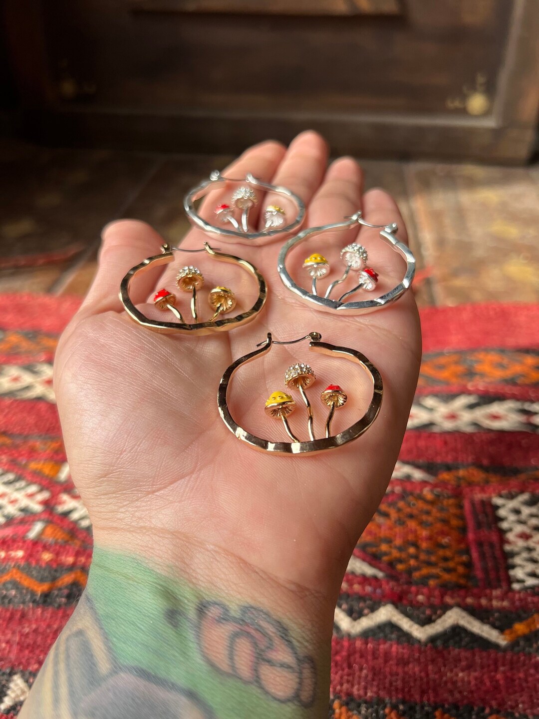 Mushroom Hoop Earrings, 18kt Gold Plate, Fly Agaric Mushroom Earrings, Red Fungi Jewelry ...