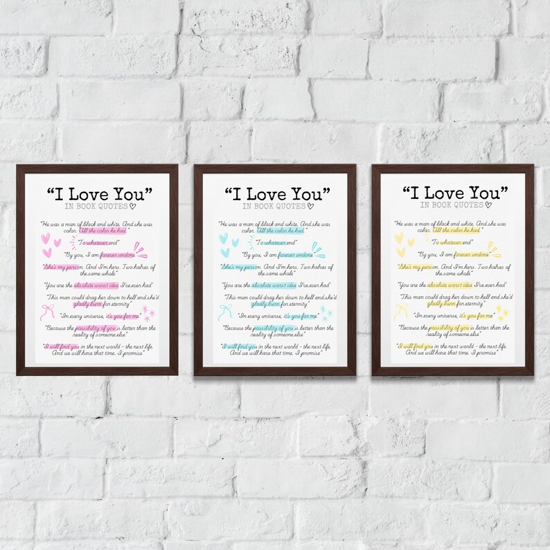 3 “I Love You in Book Quotes” Poster | Romantic Bookish Wall Art ...