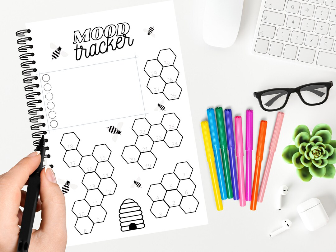 Bee/ Honeycomb Mood Tracker Printable A5, A4, Letter 30, 31, & 28 Days ...