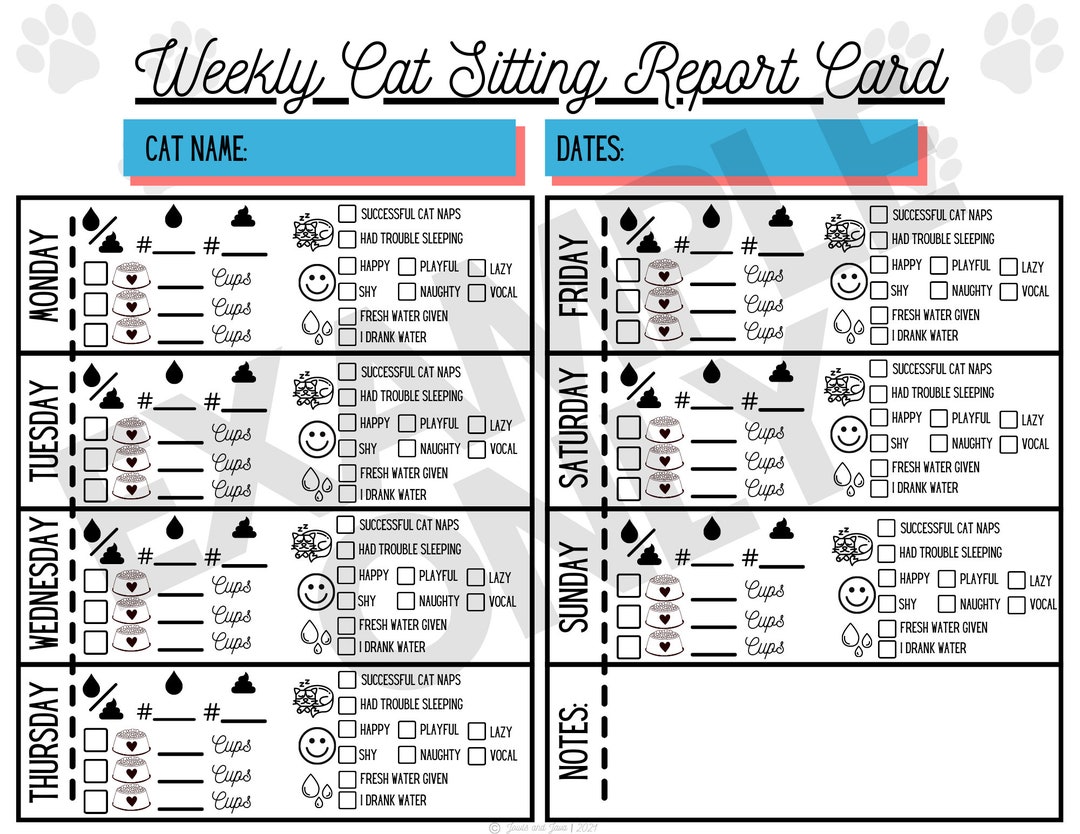 Weekly Cat Sitting Report Card - Cat Sitter Paperwork - Pet Sitter Tool ...