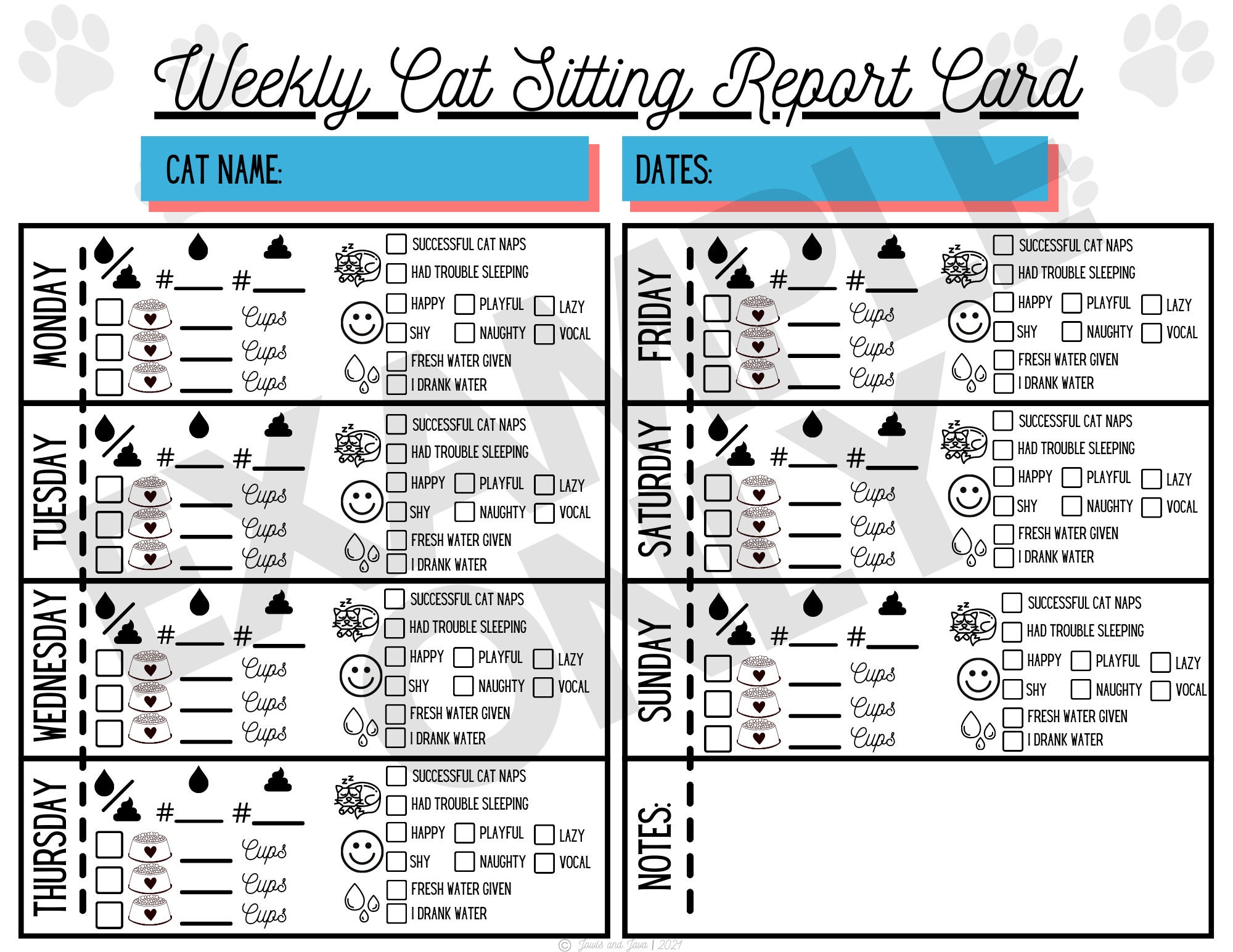 Weekly Cat Sitting Report Card - Cat Sitter Paperwork - Pet Sitter Tool ...