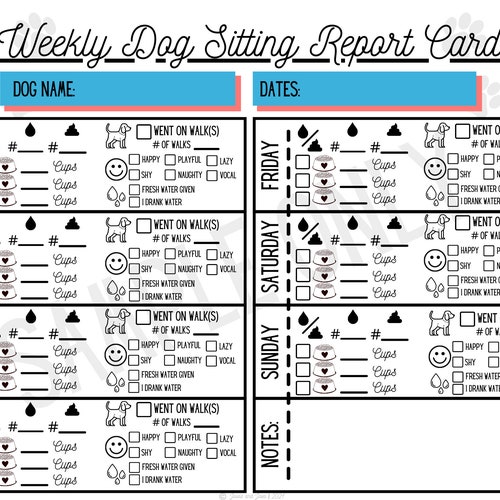 Weekly Dog Sitting Report Card Dog Sitter Paperwork Pet | Etsy