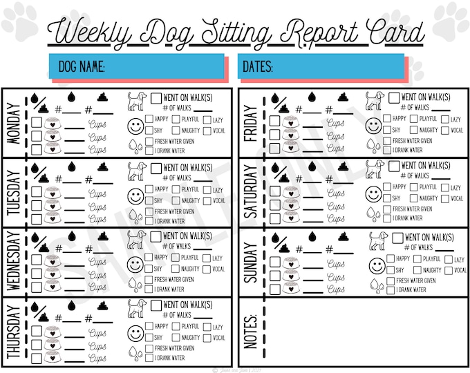 Weekly Dog Sitting Report Card Dog Sitter Paperwork Pet - Etsy
