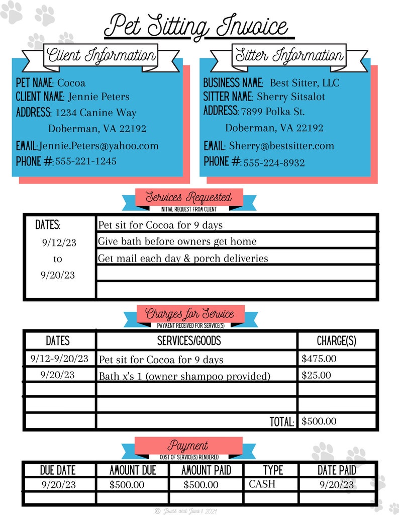 Pet Sitter Invoice Template (fillable PDF) L Pet Sitting Invoice L Pet ...