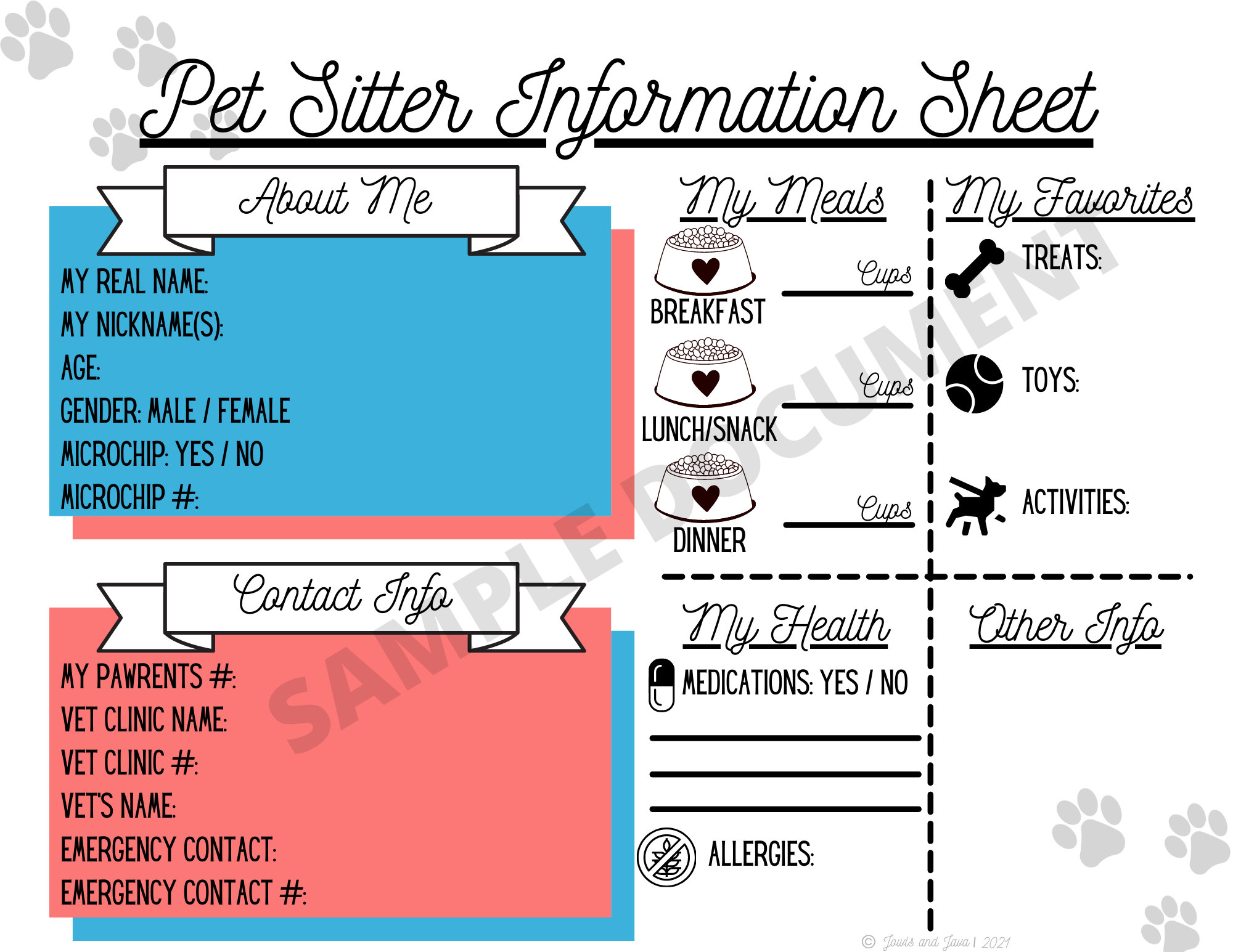 Digital Pet Sitter Information Sheet, Pet Information, Downloadable Pet ...