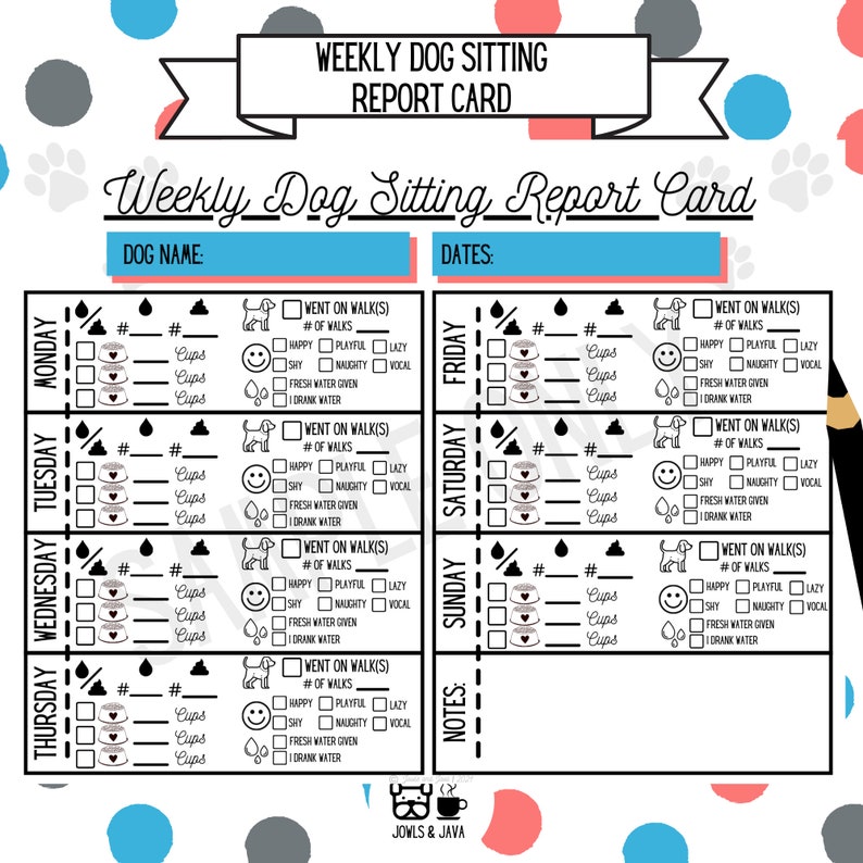 Weekly Dog Sitting Report Card - Dog Sitter Paperwork - Pet Sitter Tool ...