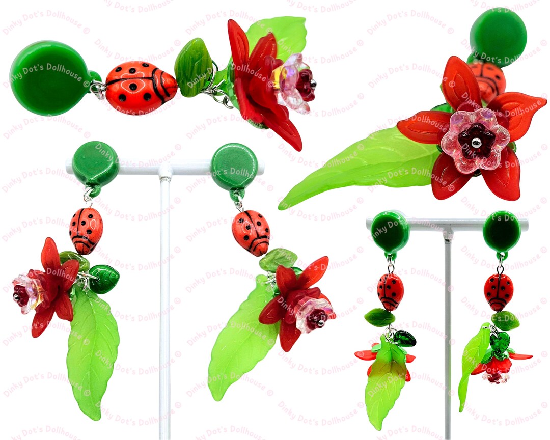 Red Glass Flower With Ladybird & Leaf Beaded Hybrid Stud Earrings ...