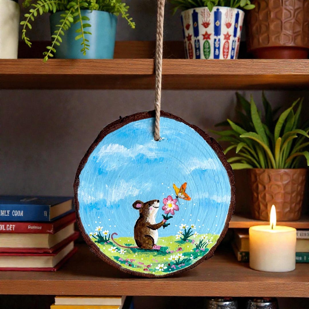 Hand-painted Wood Slice Mouse Art, Cute Heart Mouse Illustration, Mini ...