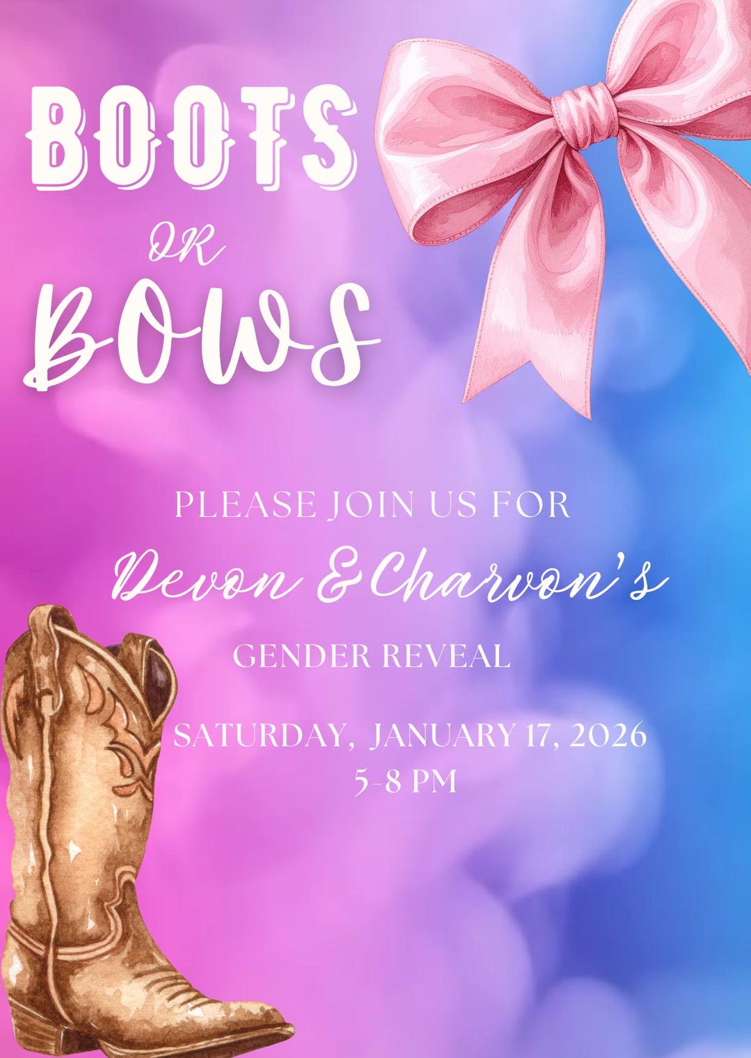 Boots & Bows Gender Reveal Digital Invitation - Etsy