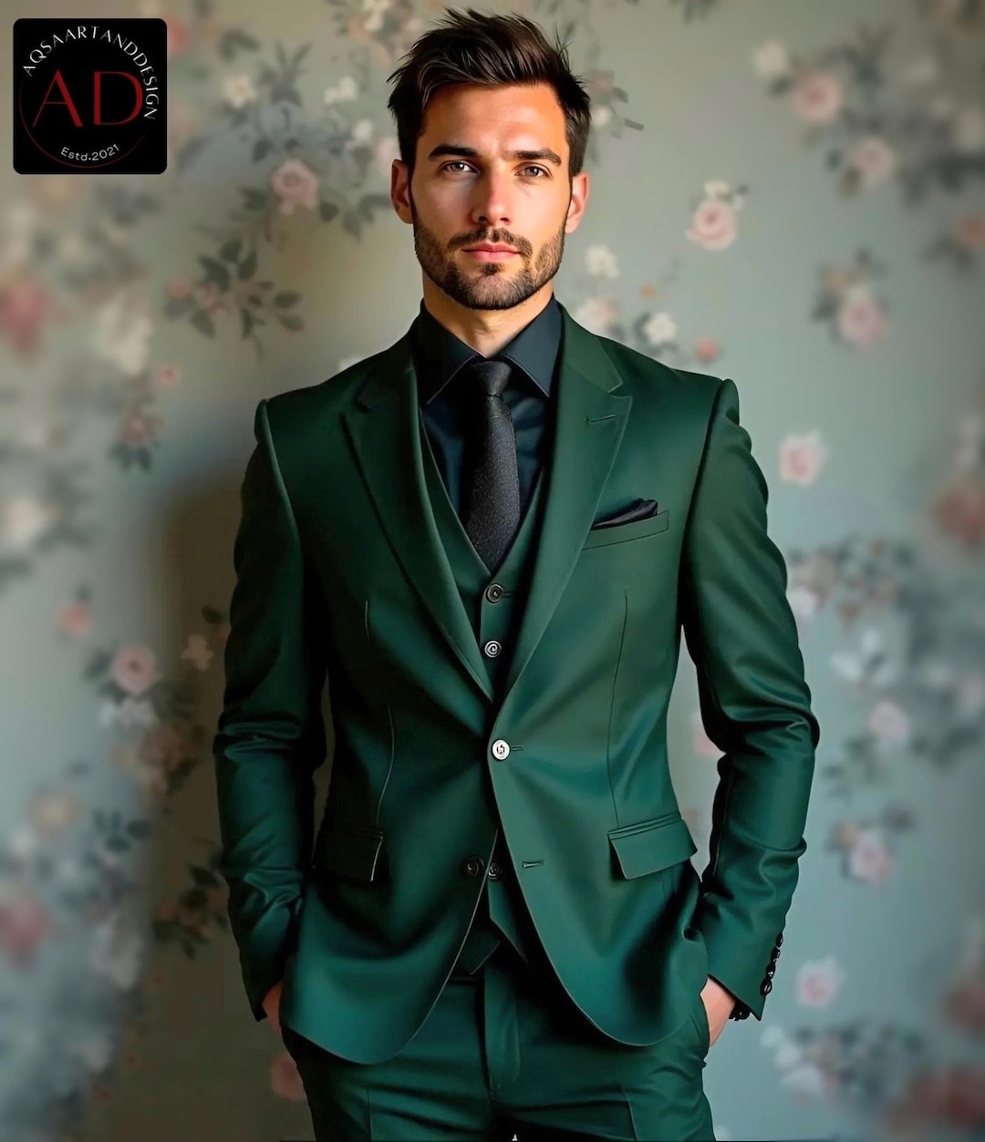Men Dark Green Suit Slim Fit Green Three Piece Suit Wedding Groom Prom ...