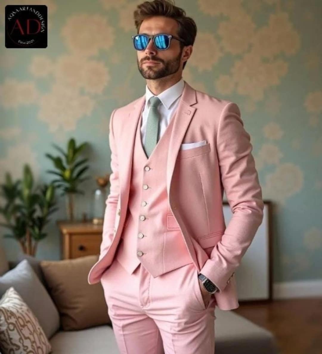 Linen Men Suit - Pink Linen Suit for Men 3 Piece Wedding Groom Dinner ...