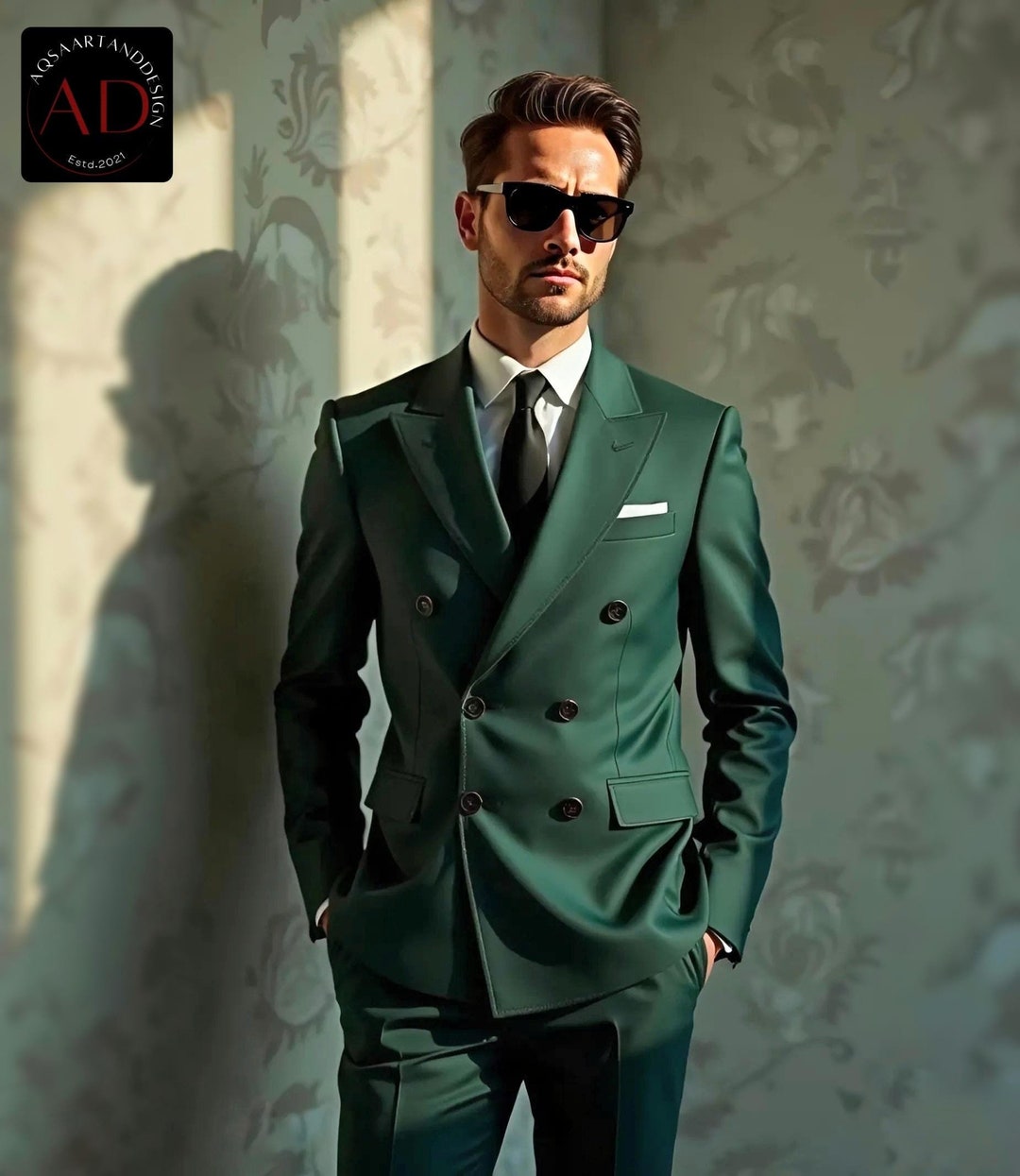 Men's Suit Green Suit for Men Double Breasted Slim Fit Style Two Piece ...