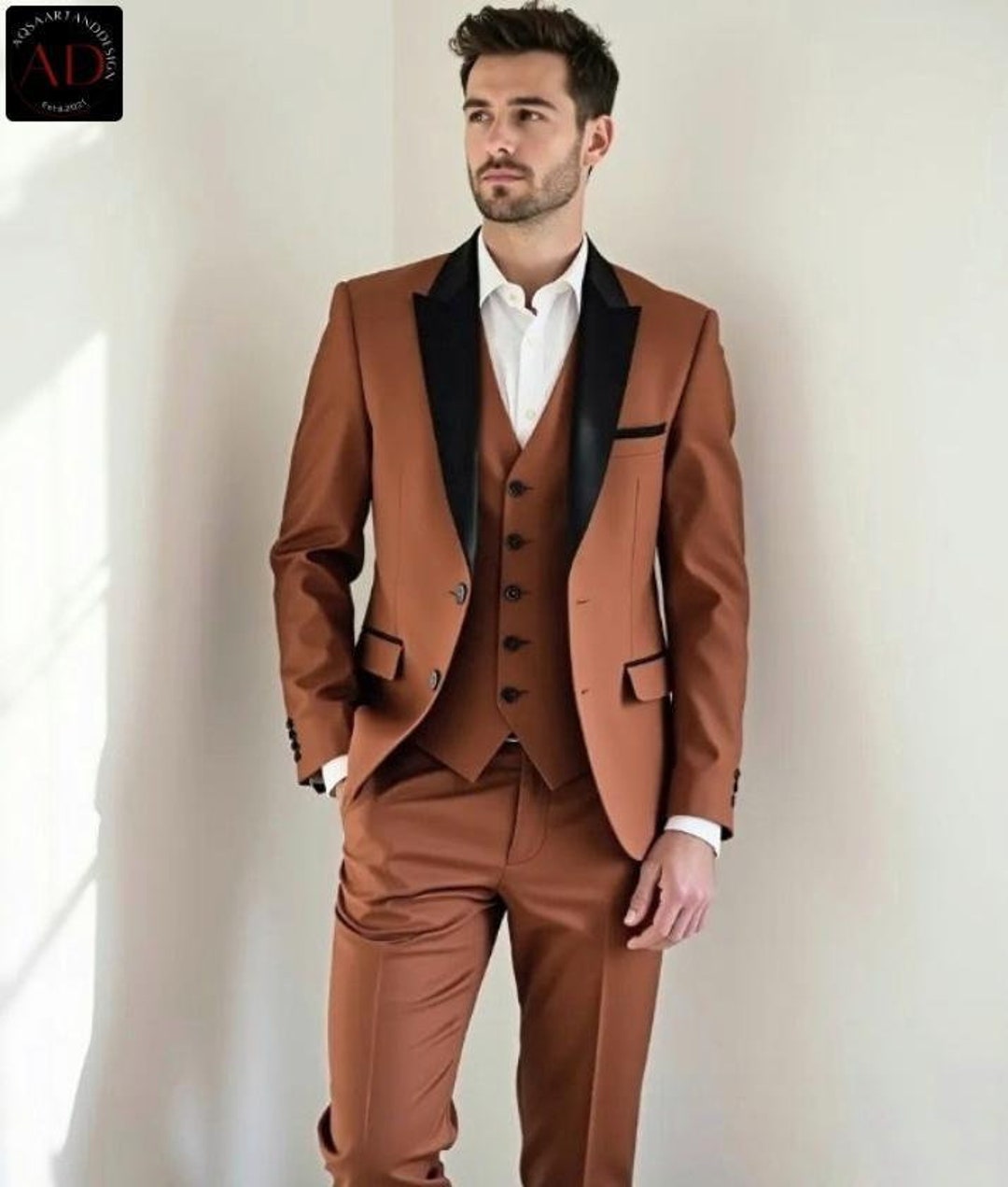 Three Piece Suit - Rust Tuxedo Suit Men Suit Wedding Wear - Prom Party ...