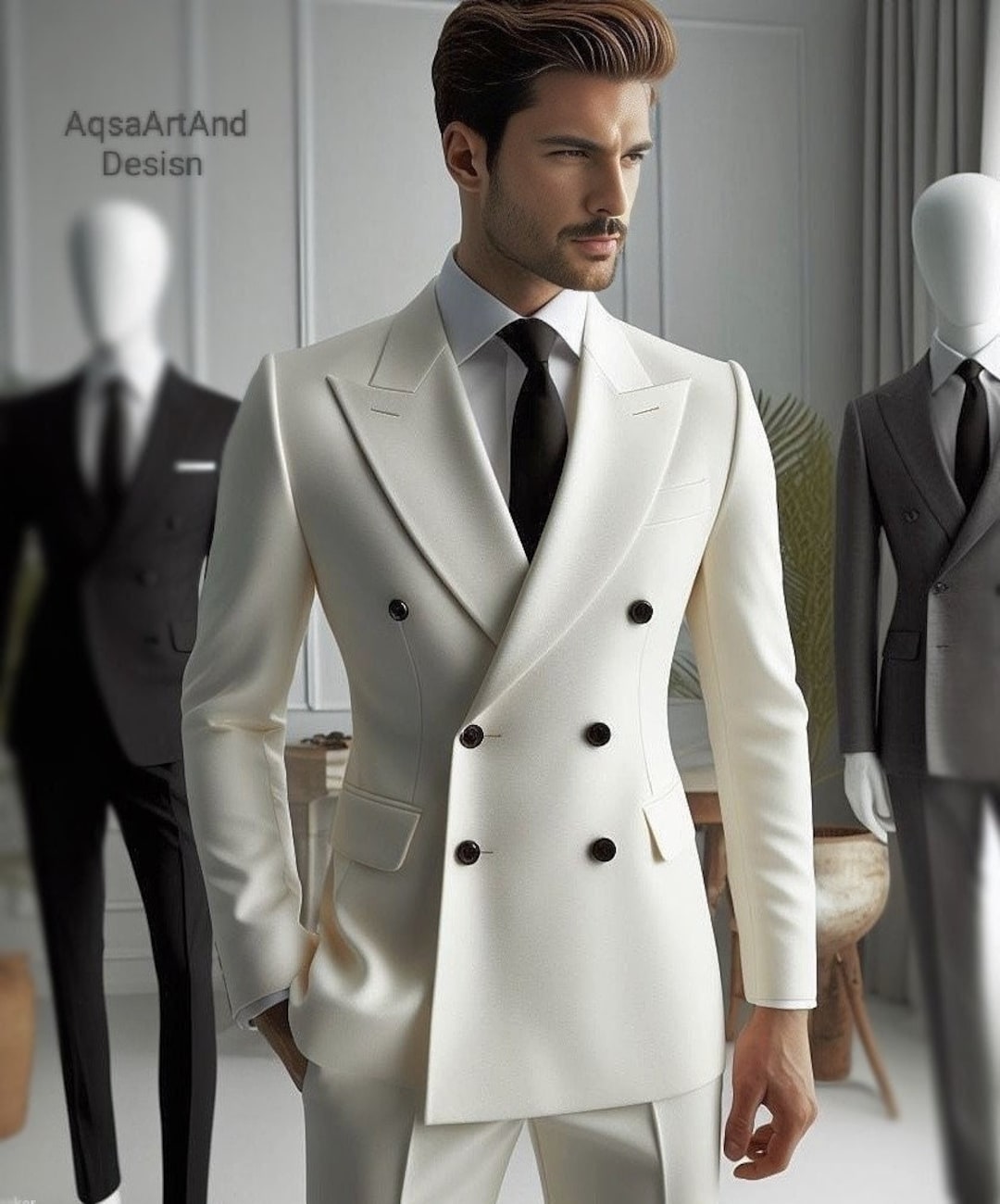 Men Suit Men off White 2 Piece Double Breasted Slim Fit Suit Men Suit ...