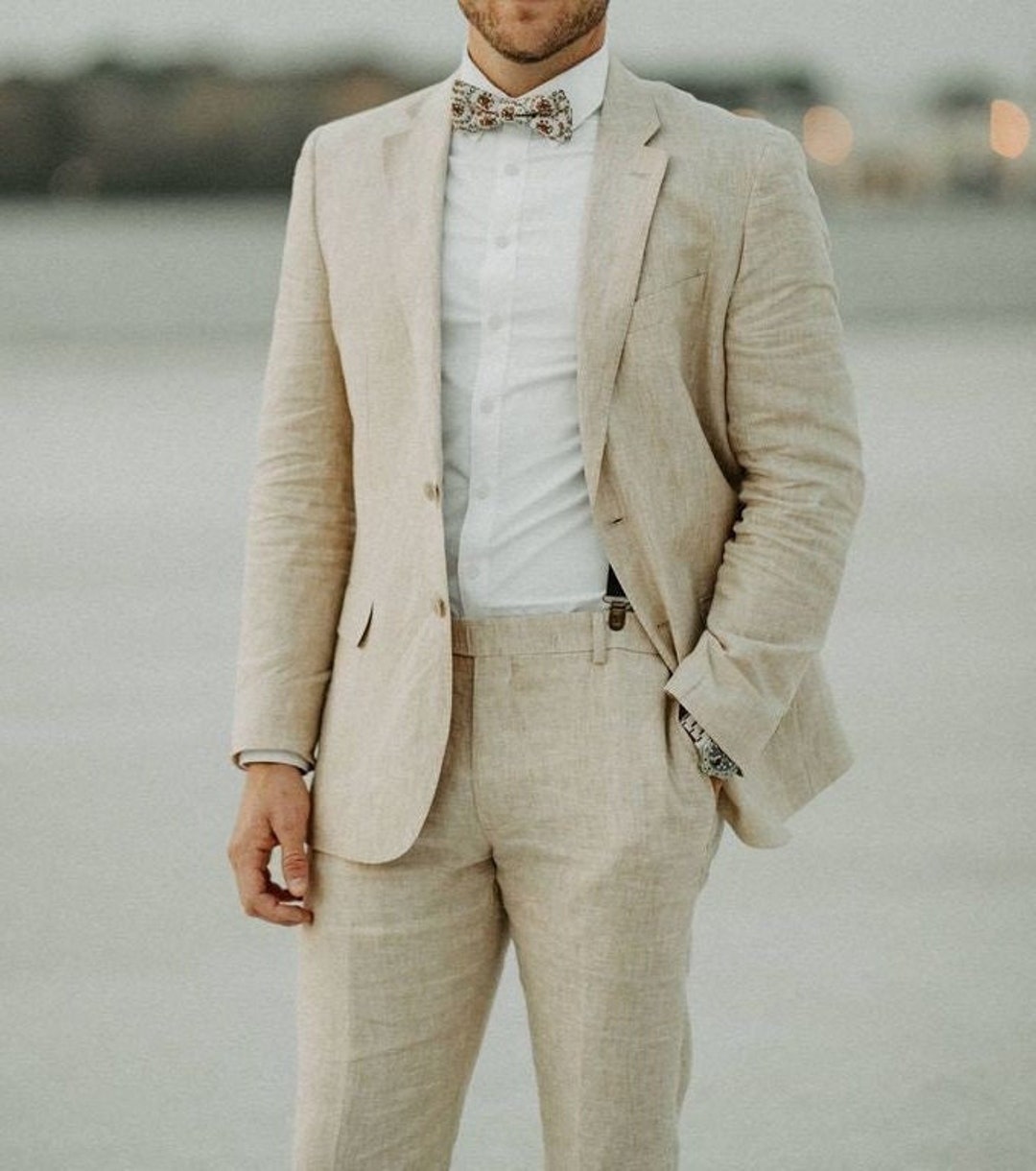 Men Linen 2 Piece Suit Beige Linen Suit Linen Summer Wedding Suit Men ...