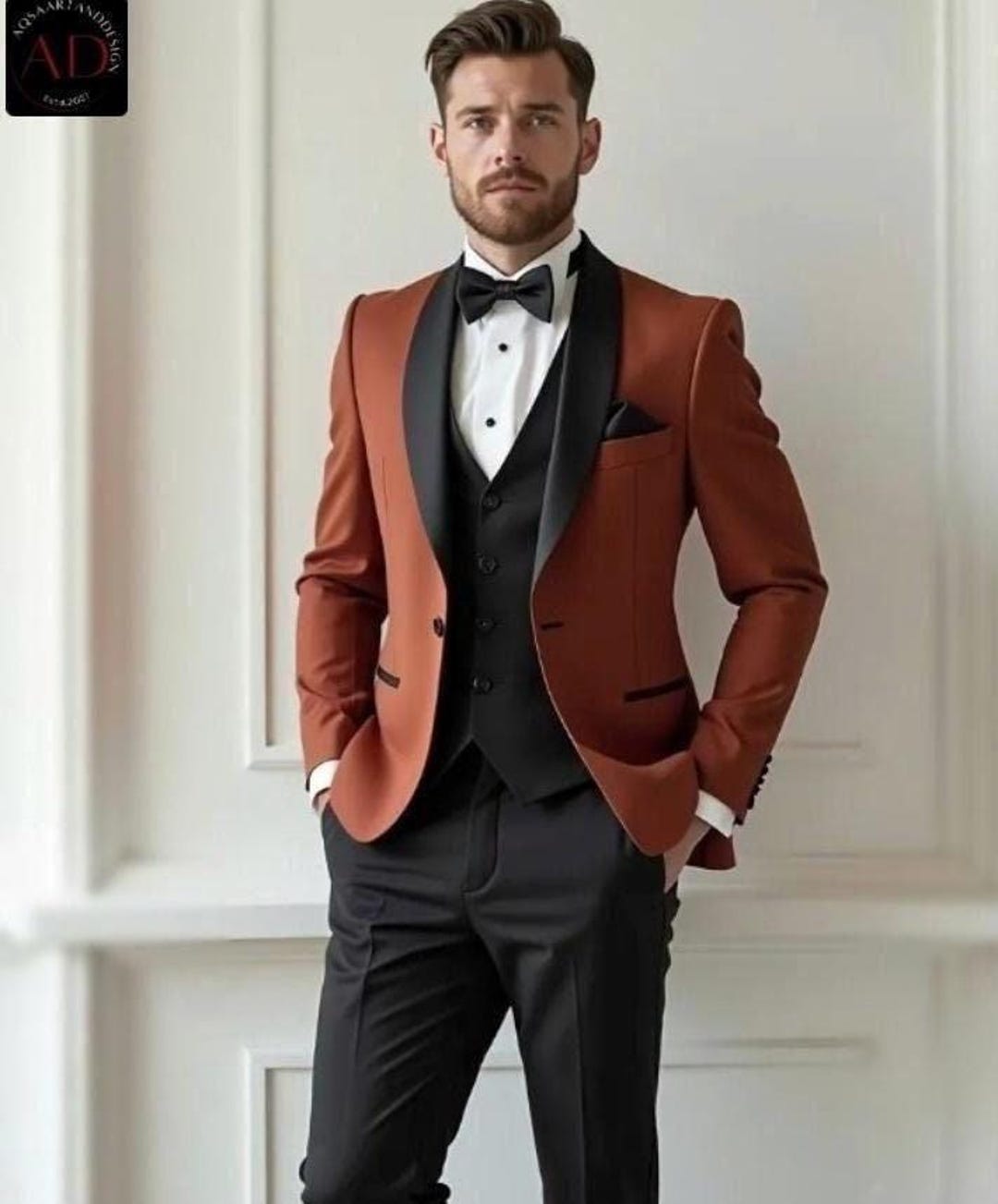 Suit for Man Rust and Black Tuxedo Men Suit 3 Piece Designer Party Wear ...
